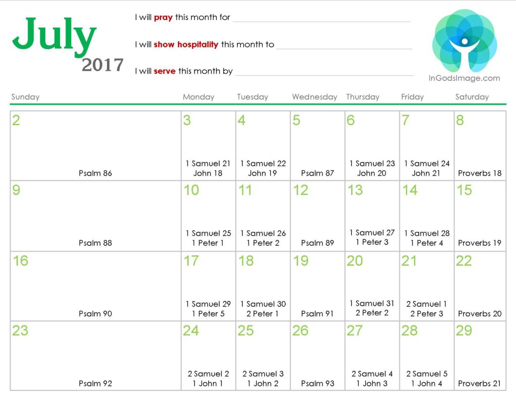 July 2017 Daily Bible Reading Calendar – In God's Image